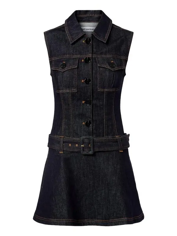 SELF-PORTRAIT Belted Denim Mini Dress - Blue