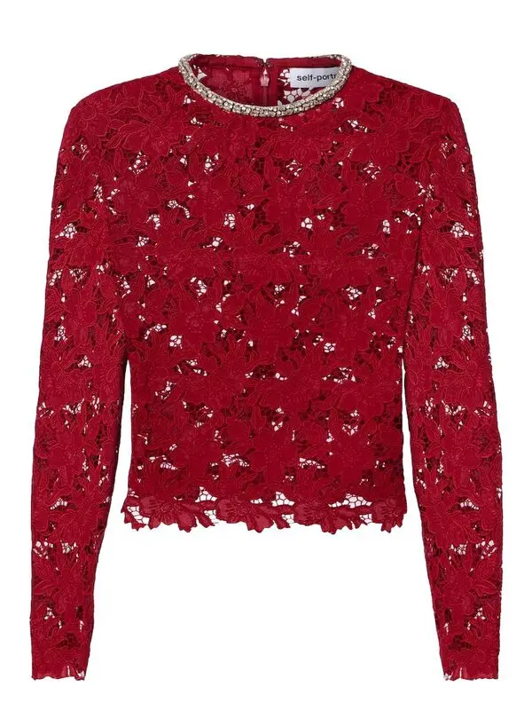SELF-PORTRAIT Embellished Guipure Lace Top - Red