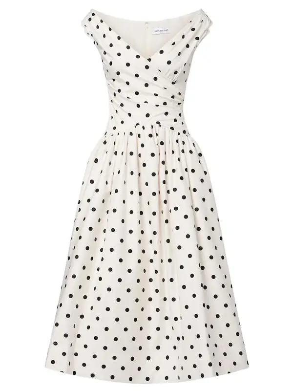 SELF-PORTRAIT Polka-dot Off-shoulder Cotton Midi Dress - White