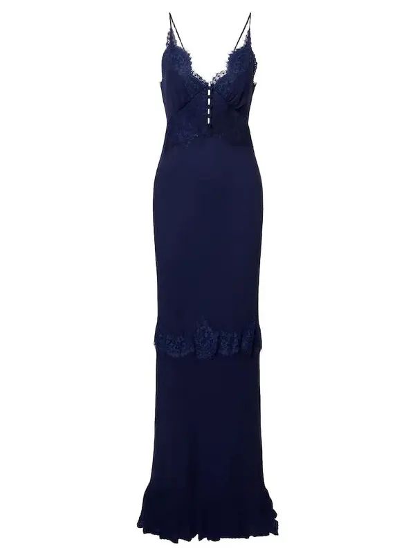 SELF-PORTRAIT Lace-trimmed Georgette Gown - Blue