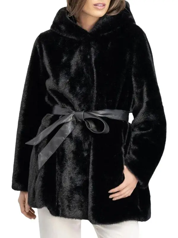 LYLA GRANT Fur-free Faux Mink Hooded Coat - Black