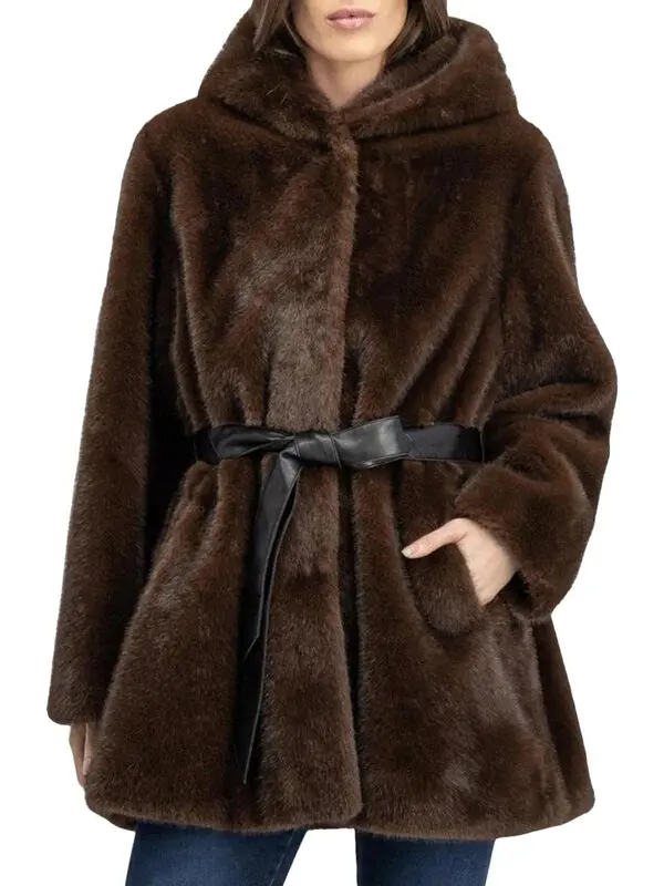 LYLA GRANT Fur-free Faux Mink Hooded Coat - Brown