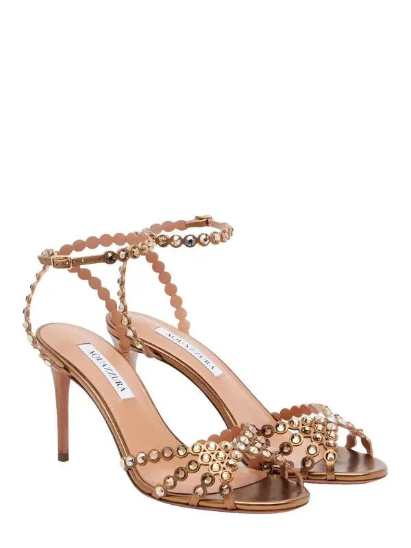 AQUAZZURA Tequila 85 Embellished Leather Sandals - Gold