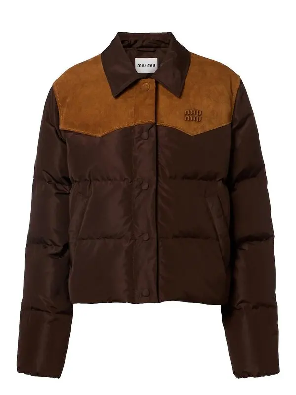 Miu Miu Suede-trimmed Pongé Down Jacket - Brown