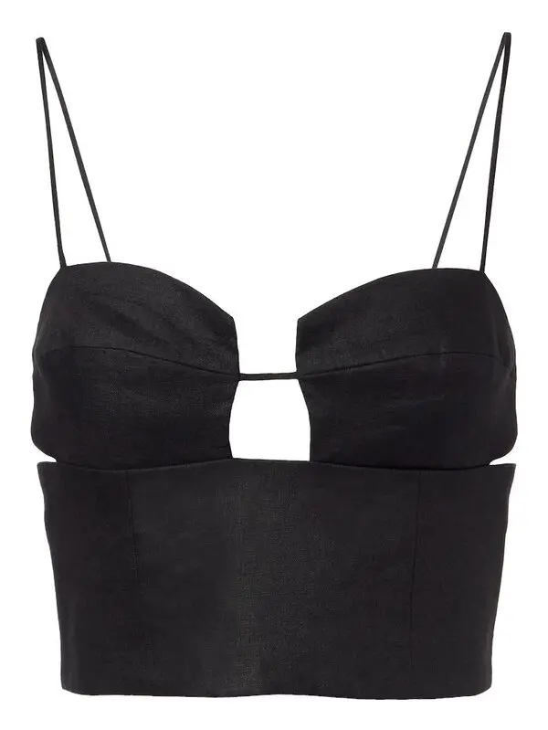 CALA DE LA CRUZ Imperia Cutout Linen Crop Top - Black