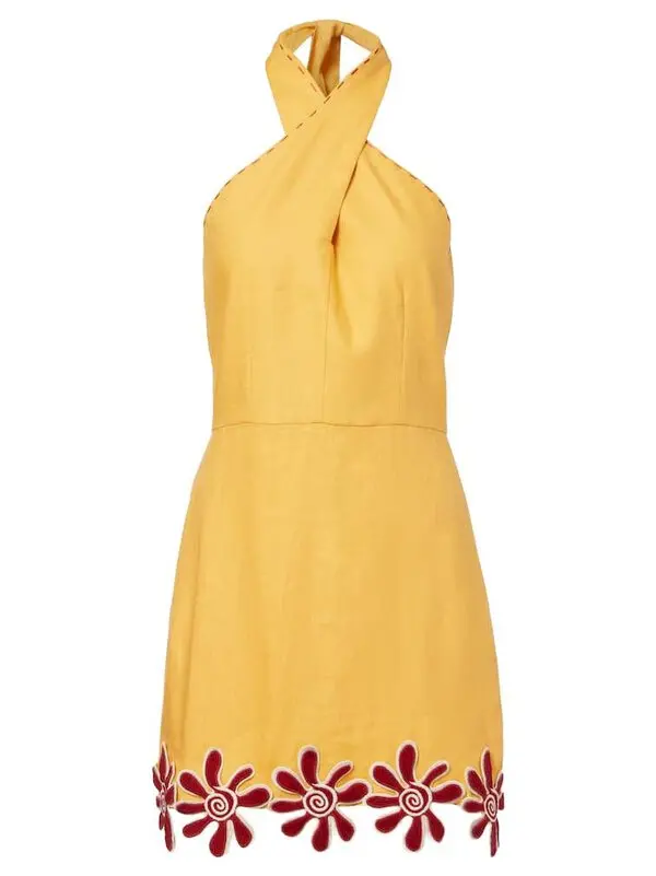 CALA DE LA CRUZ Veneta Floral-appliqué Linen Minidress - Yellow