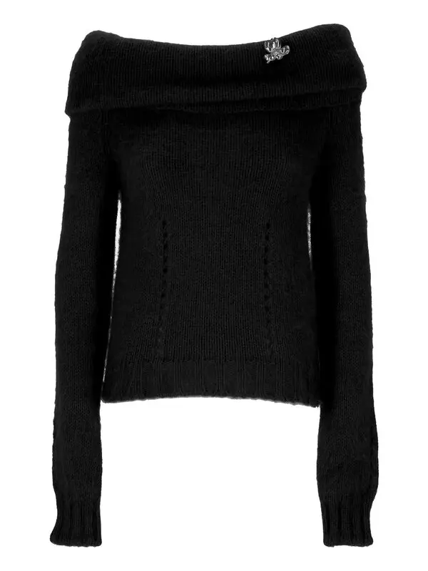 Blumarine Fuzzy Knit Sweater With Floral Appliqu - Black