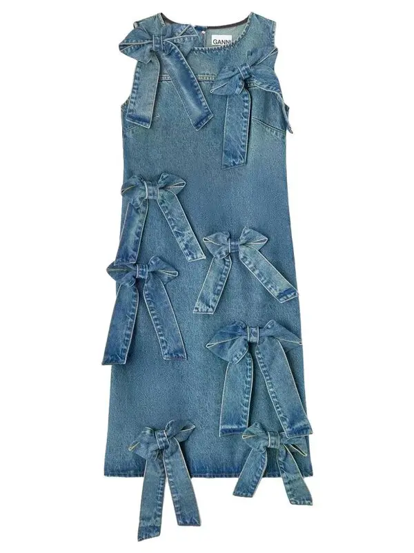 GANNI Light Rigid Denim Dress With Bow Detailing - Blue
