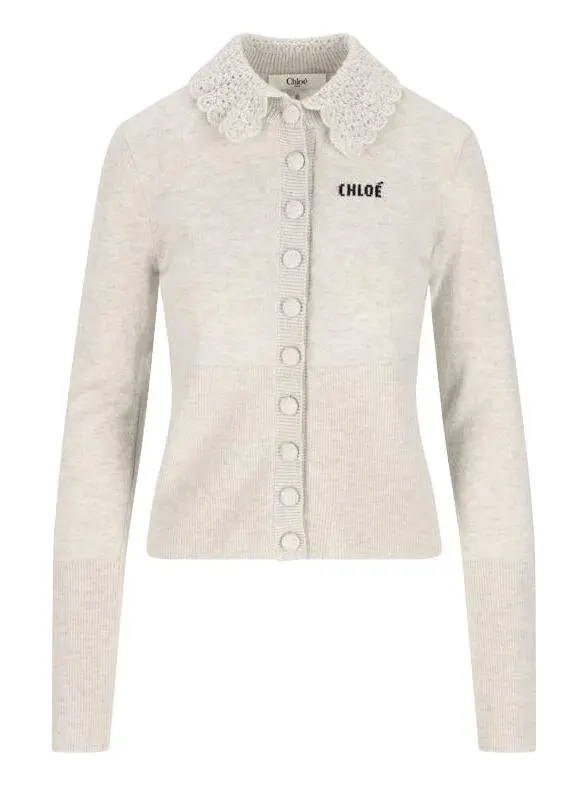 Chloé Wool Knit Cardigan With Guipure Collar - Sweet Grey