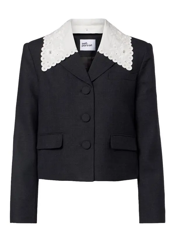 SELF-PORTRAIT Broderie Anglaise Cropped Jacket - Grey