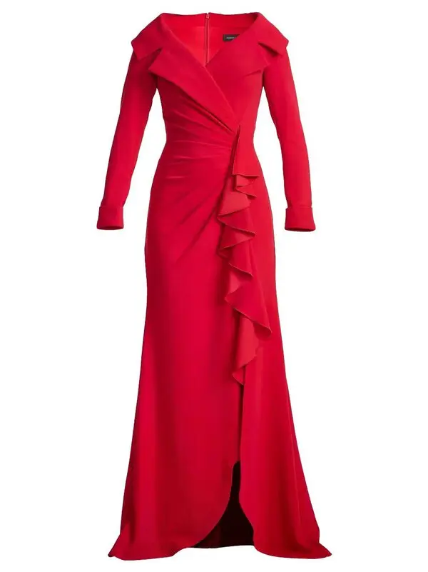 Tadashi Shoji Long-sleeve Ruffle Crepe Gown - Red