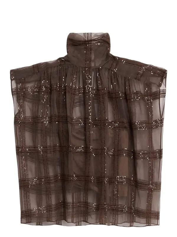 Brunello Cucinelli Prince Of Wales Paillette Crispy Silk Chiffon Blouse - C4222 Choc