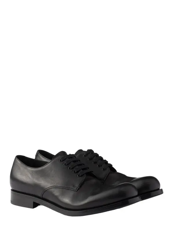 Prada Antiqued Leather Laced Derby Shoes - Black