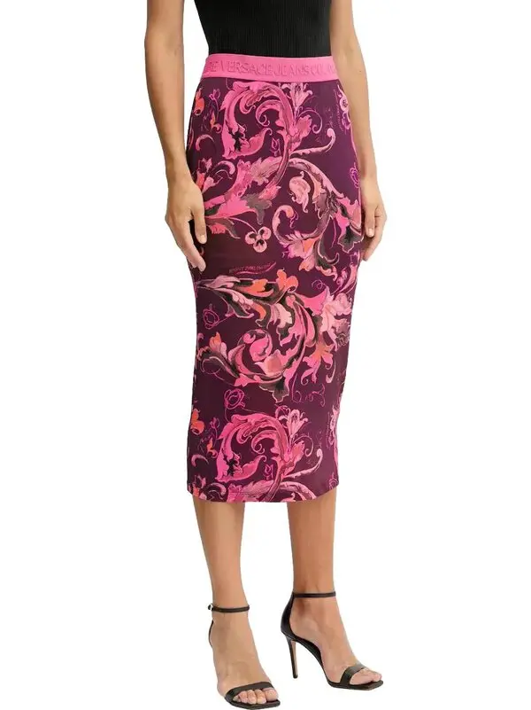 Versace Floral-print Midi Skirt With Logo - Purple