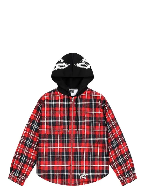 SP5DER Hooded Zip Plaid Shirt Jacket - Red