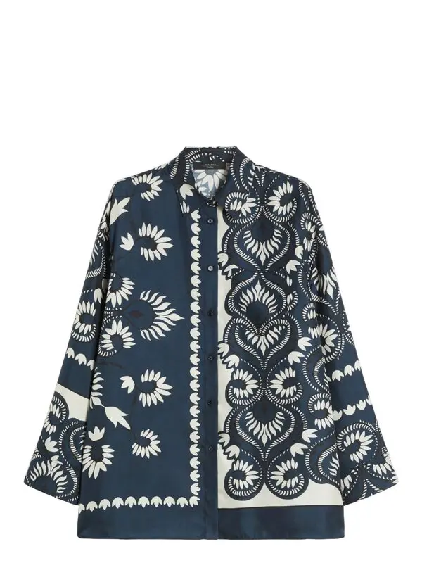 Max Mara Printed Silk Twill Patchwork Shirt - Navy