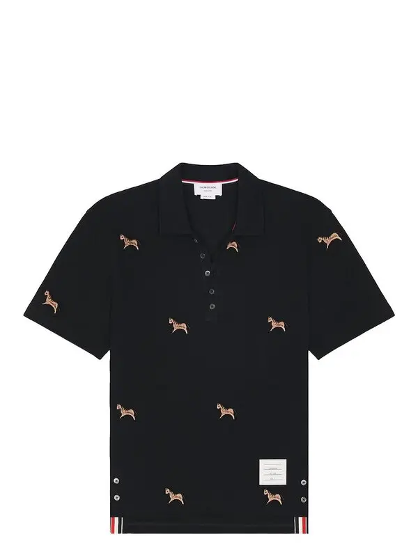 Thom Browne Short Sleeve Pique Polo With Horse Embroidery - Navy
