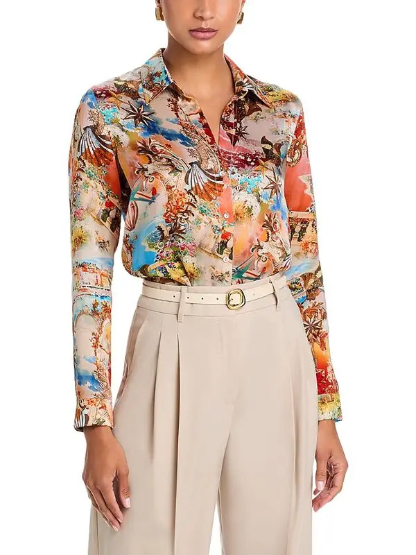 L'Agence Tyler Silk Printed Split Neck Blouse - Multi Collage