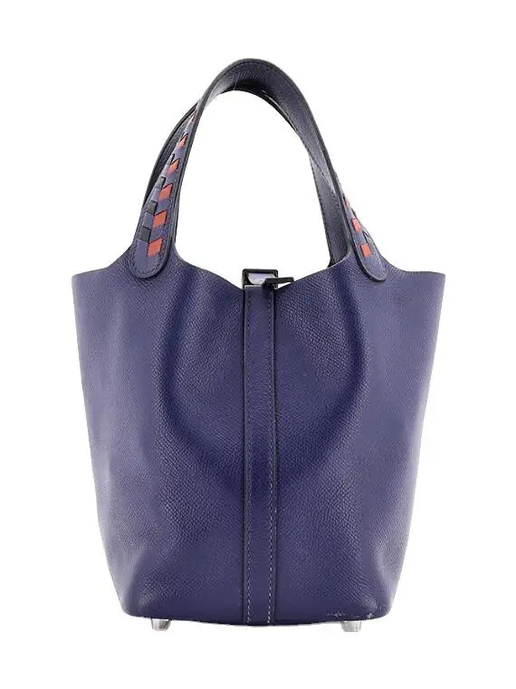 Hermès Pm Picotin Lock Bag Tressage Epsom - Blue/ Black/ Blue/ Brown