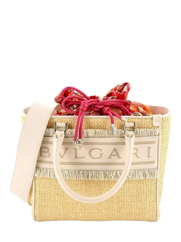 BVLGARI Medium Raffia And Leather Convertible Tote With Fringe And Logo - Neutral