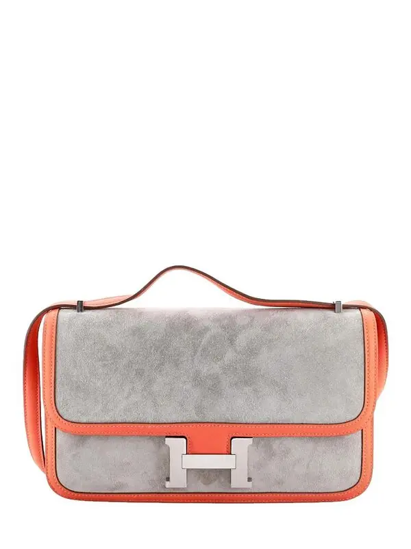 HERMES 25 Constance Elan Bag Doblis Suede With Swift - Gray/ Pink