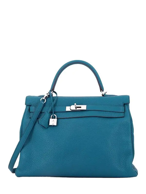HERMES Kelly 35 Handbag With Palladium Hardware - Bleu Izmir