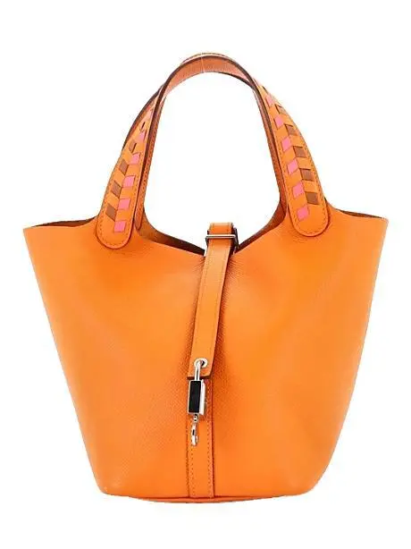 HERMES Pm Picotin Lock Bag Tressage Epsom - Orange/ Brown/ Orange/ Pink