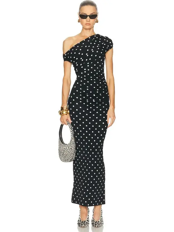 SELF-PORTRAIT Polka Dot Draped Midi Dress - Black & White