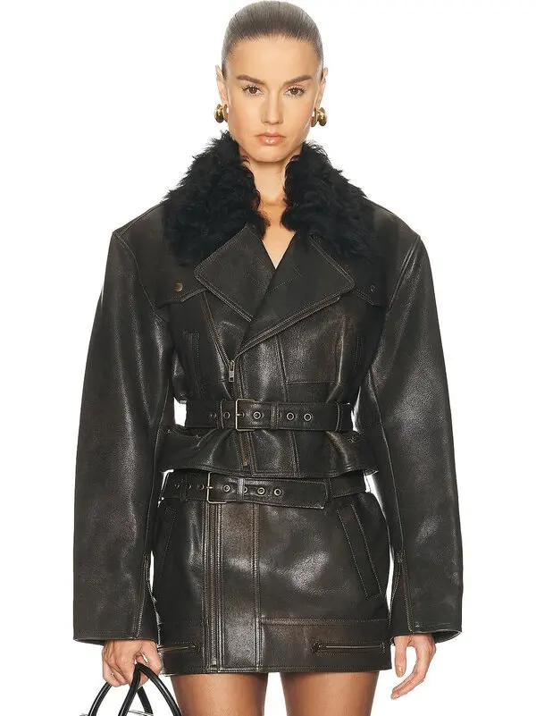 Alex Perry Cropped Leather Biker Jacket - Dark Brown