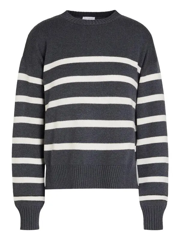 Brunello Cucinelli Striped Cashmere Sweater With Bead Embellishment - Anthracite