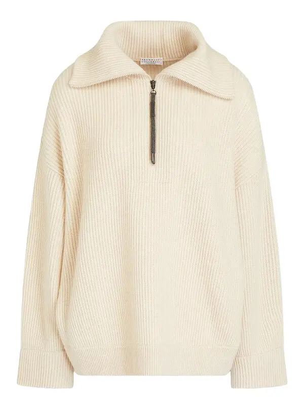 Brunello Cucinelli Bead-embellished Ribbed Cashmere Half-zip Sweater - Beige