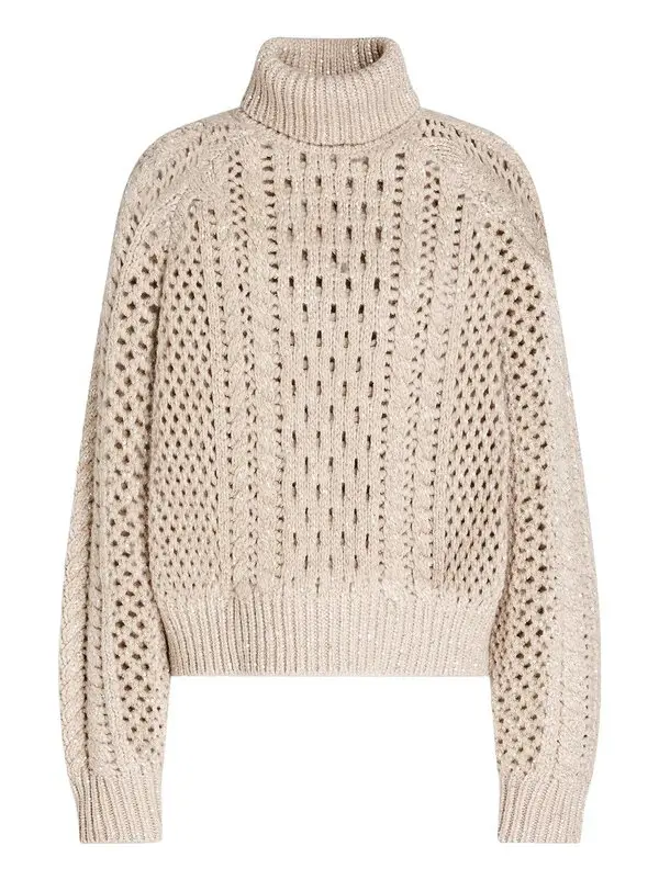 Brunello Cucinelli Sequin-embellished Pointelle-knit Cashmere-blend Turtleneck Sweater - Beige