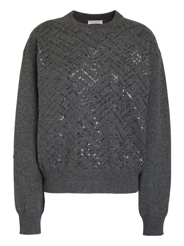 Brunello Cucinelli Sequin-embellished Wool, Cashmere, And Silk-blend Sweater - Dark Gray