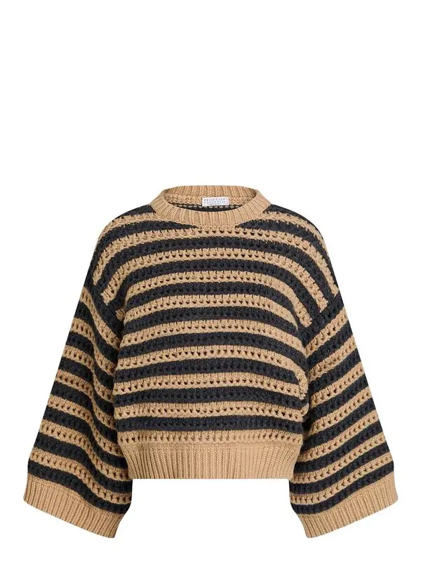Brunello Cucinelli Striped Wool, Cashmere, And Silk-blend Sweater - Beige