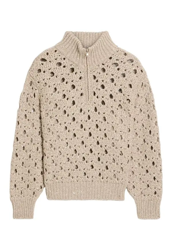 Brunello Cucinelli Sequin-embellished Open-knit Cashmere-blend Half-zip Sweater - Neutral