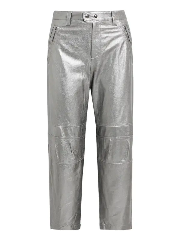 Brunello Cucinelli Cropped Metallic Leather Tapered Pants - Silver