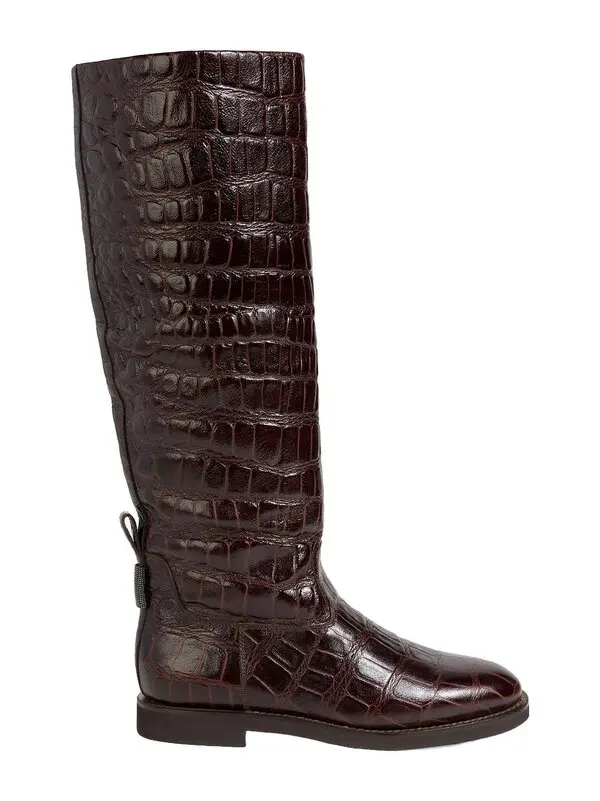 Brunello Cucinelli Croc-effect Leather Knee Boots - Merlot