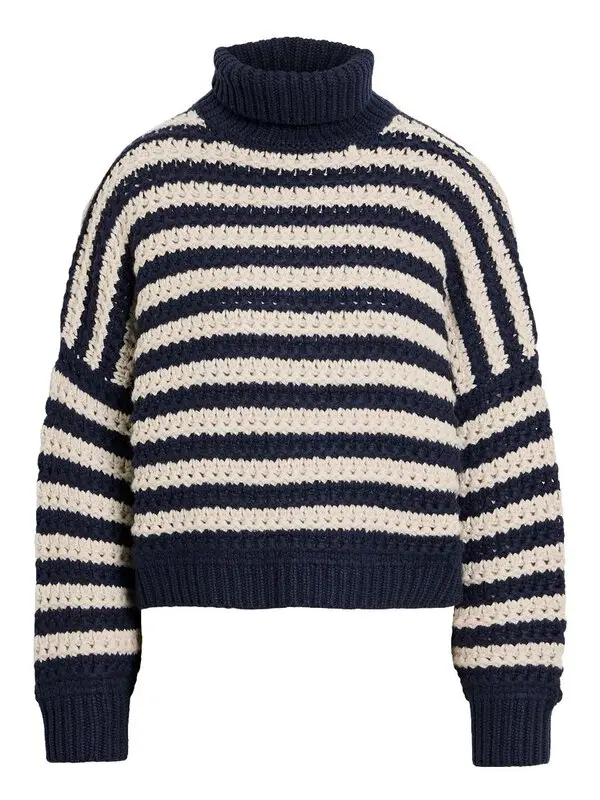 Brunello Cucinelli Cropped Striped Wool-blend Turtleneck Sweater - Navy