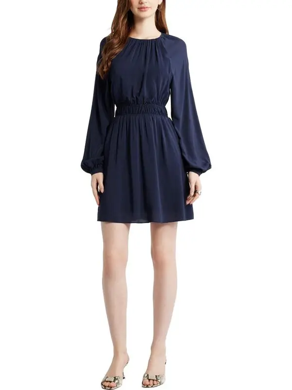 Nordstrom Shirred Waist Long Sleeve Minidress - Navy Night