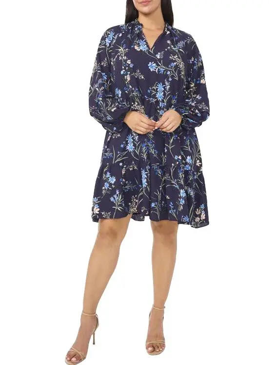 CECE DUPRAZ Floral Long Sleeve Babydoll Dress - Classic Navy