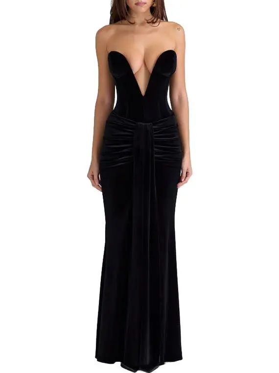 House Of Cb Vienne Deep Plunge Neck Velvet Gown - Black