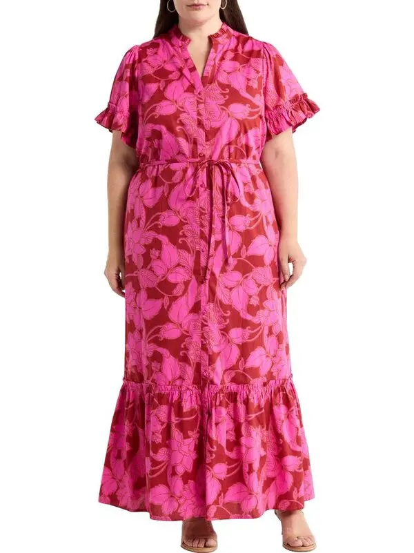 SUGARLIPS Floral Alna Maxi Shirt Dress - Burg-pink