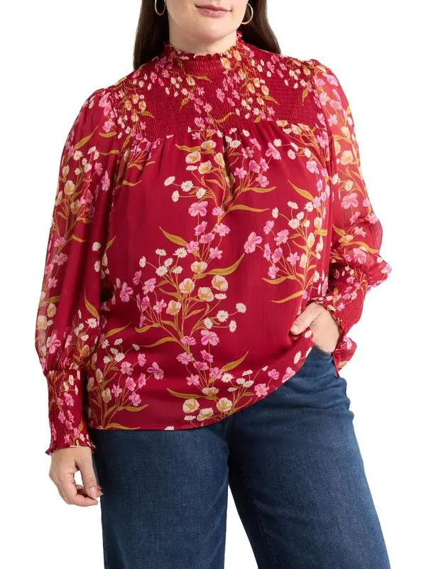 SUGARLIPS Ginnie Floral Balloon Sleeve Top - Burg-multi