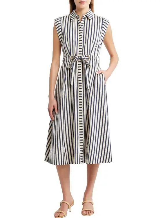 Sam Edelman Stripe Belted Seersucker Midi Shirtdress - Navy/white