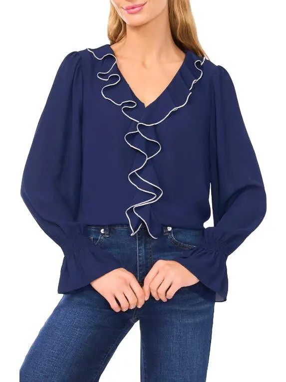CECE DUPRAZ Ruffle V-neck Top - Classic Navy