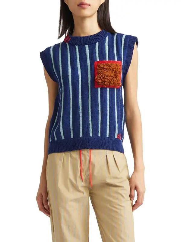 KÚR Stripe Wool Blend Sweater Vest - Navy Blue