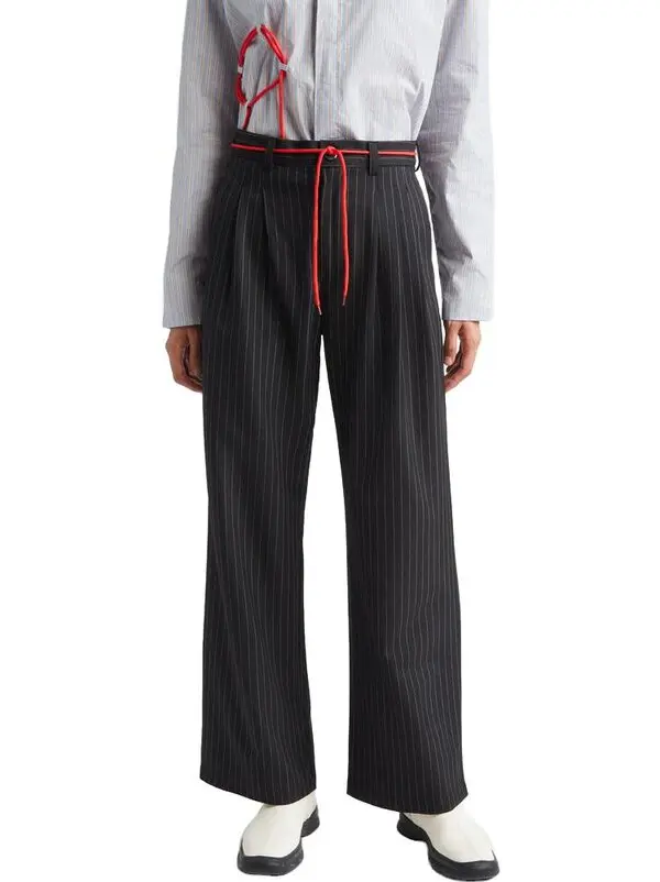 KÚR Pinstriped Pleated Straight Leg Pants - Black