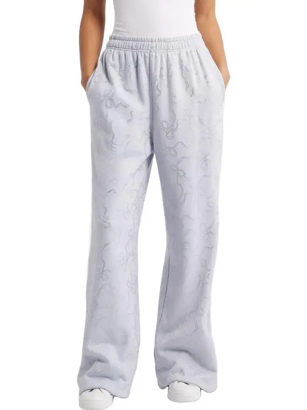 LoveShackFancy Momo Crystal Bow Wide Leg Sweatpants - Aspen Blue