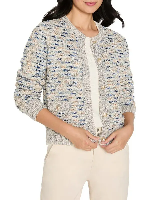 NIC+ZOE Metallic Cotton-blend Cardigan - Ivory/blue
