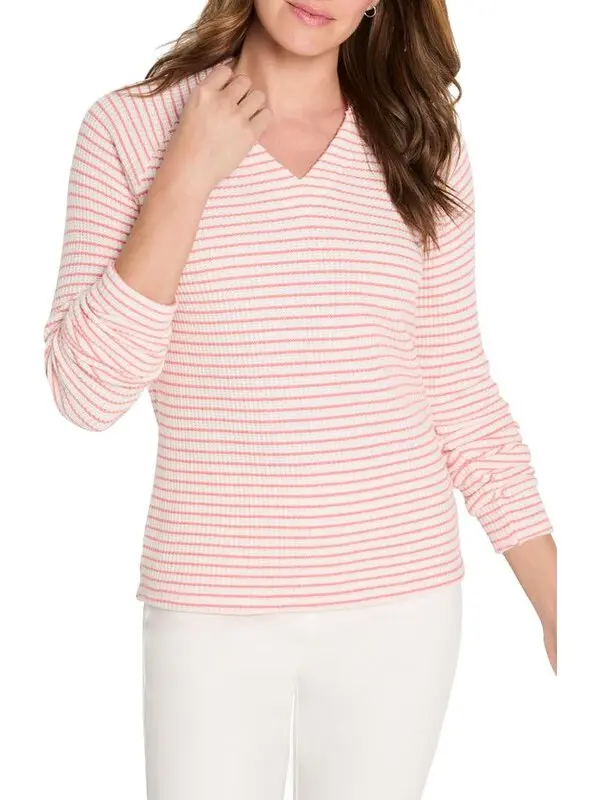 NIC+ZOE Striped Thermal Split Neck Long Sleeve Top - Pink Multi
